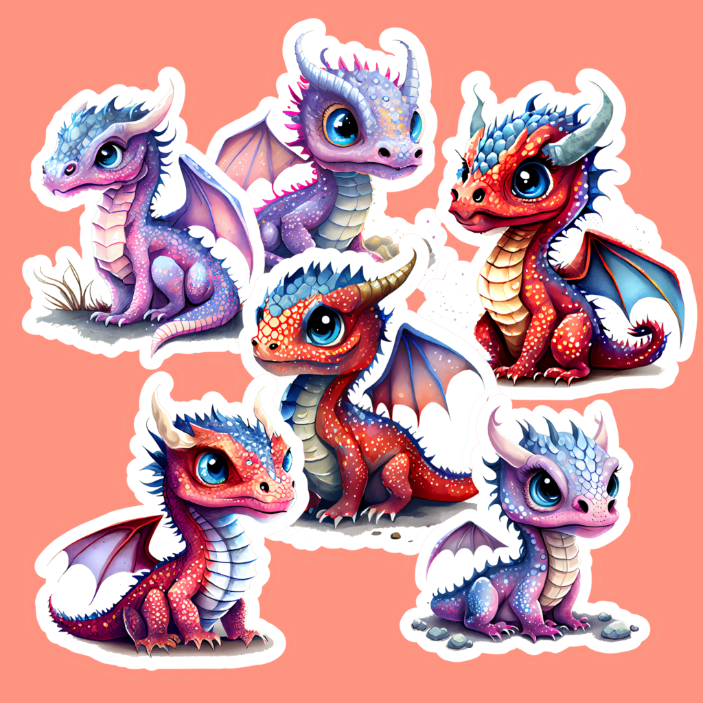 Red and Pink Baby Dragon Sticker Sets - Sticker Bits
